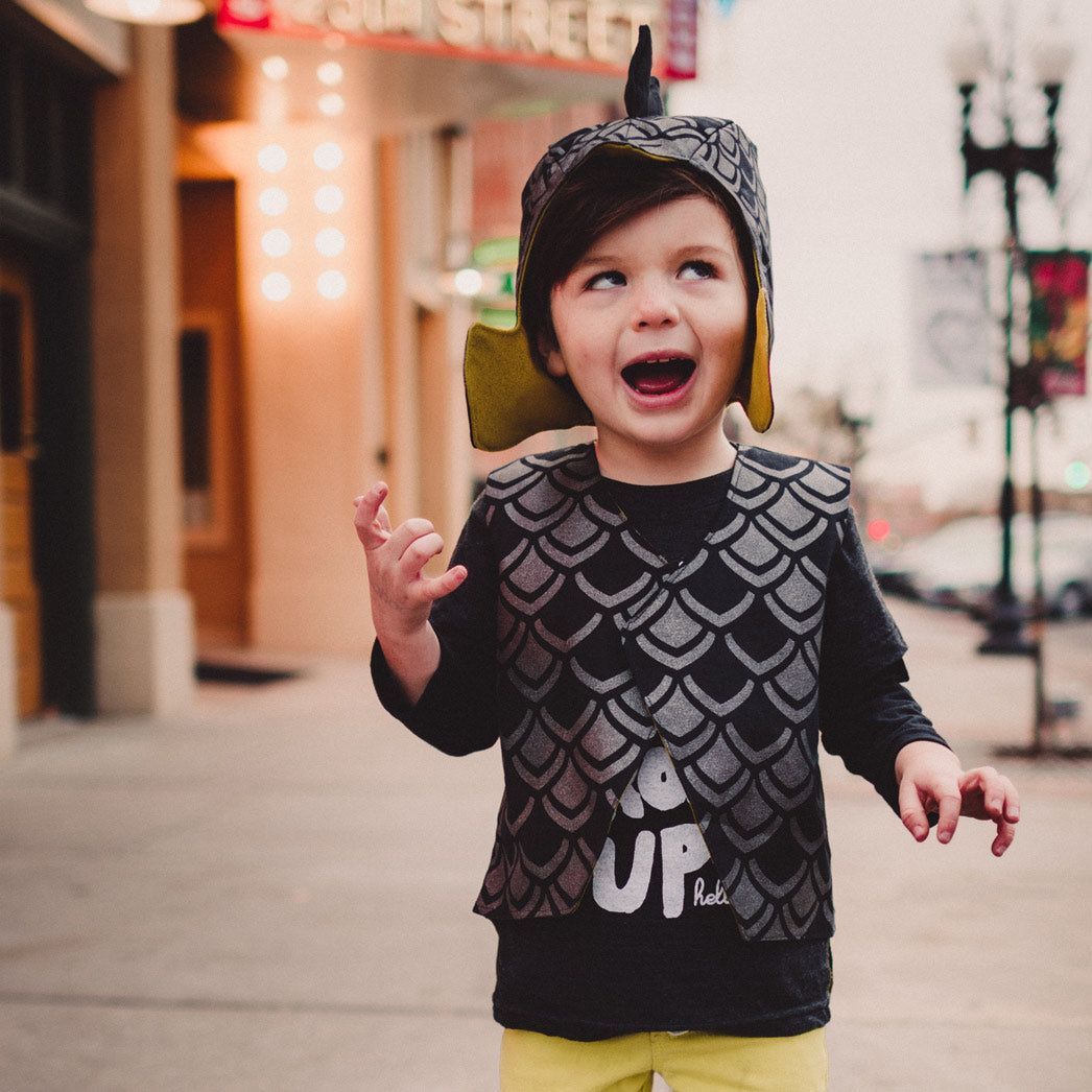 Dapper monster costume in black graphite and pickle, spiked hat and ...