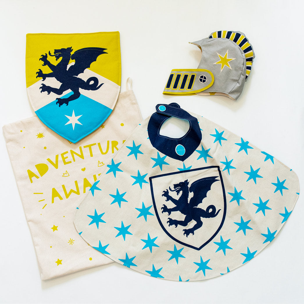 Blue Knight Set Dragon: Helmet, Shield & Cape